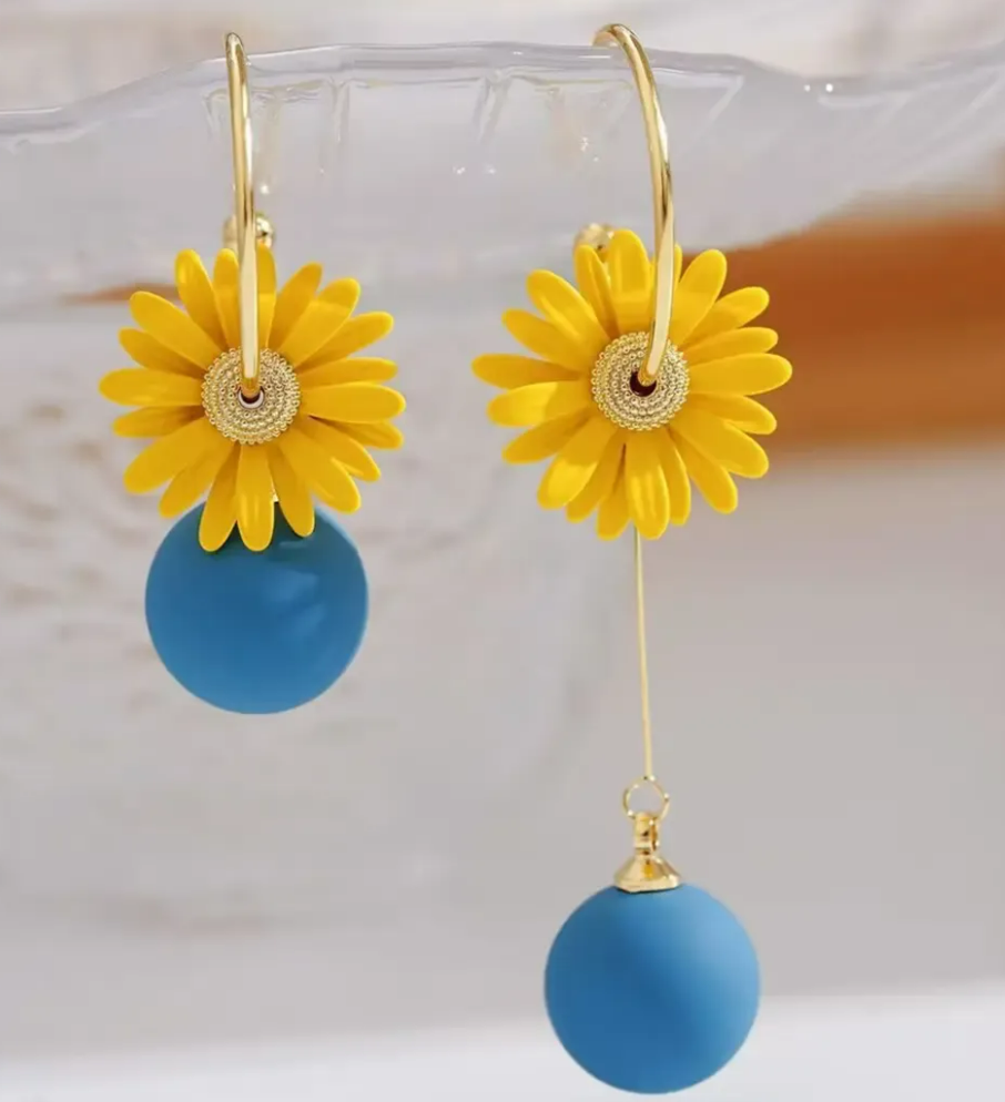 Yellow Flower & Blue Charm Dangle Design Asymmetric Sunflower Earrings ...